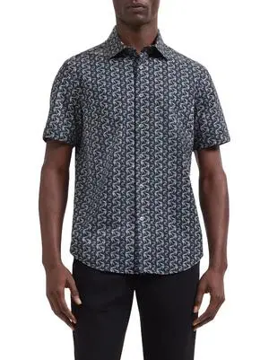 Bugatchi Miles Ooohcotton® Leaf Print Short Sleeve Button-up Shirt Khaki