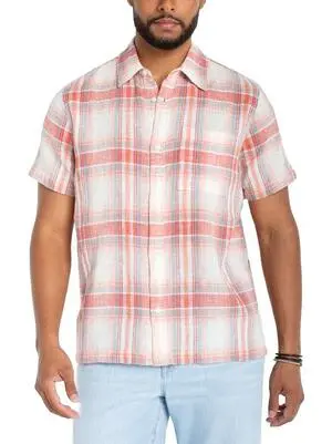 LIVERPOOL Short Sleeve Cotton & Linen Button-up Shirt - Coral Multi