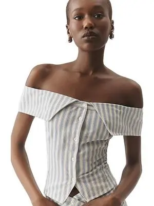 MUSE ASSEMBLY Cotton Off-the-shoulder Top - Eggshell Stripe