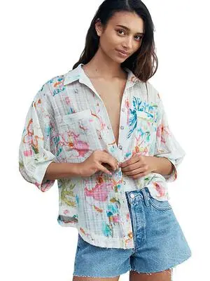 PILCRO 100% Cotton Summer Buttondown Shirt - Ivory Pattern