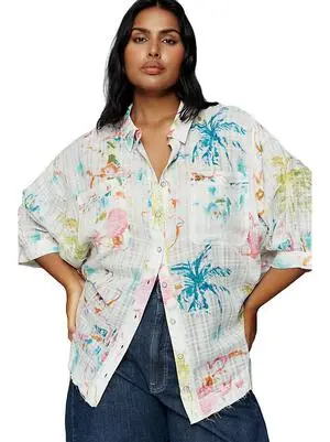 PILCRO Cotton Buttondown Shirt - Ivory Pattern