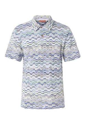 Missoni Cotton Polo Shirt With Raschel Knit And Greek Motif Light Blue