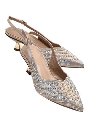 PROLOGUE SHOES Royale Embellished Kitten Heel Slingback Pumps - Beige