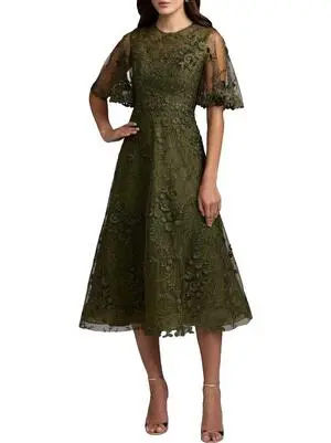 Mac Duggal Flutter Sleeve Embroidered Cocktail Midi Dress - Olive