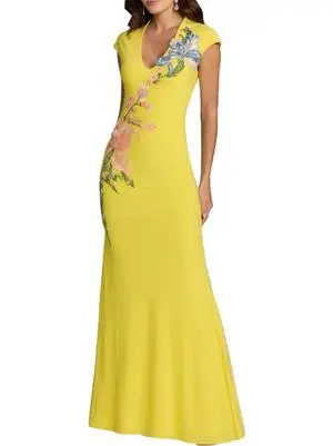 Mac Duggal Cap Sleeve Scoop Neck Jersey Gown With Floral Detail - Yellow Multi