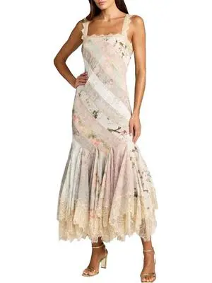 Mac Duggal Floral Chiffon Midi Dress With Lace Trim - Pastel Multi