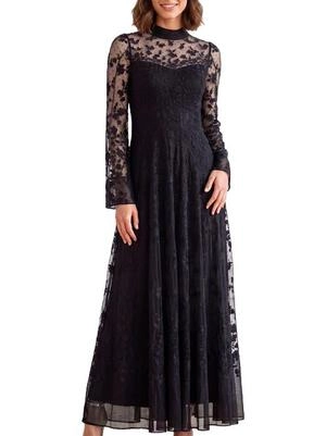 NEEDLE & THREAD Sylvia Rose Long Sleeve Ankle Gown Jet Black