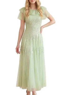 NEEDLE & THREAD Sunrise Sequin Short Sleeve Ankle Gown - Peppermint