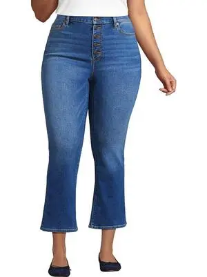 LANDS' END High Rise Button-Fly Kick Flare Crop Jeans Indigo Tide Blue