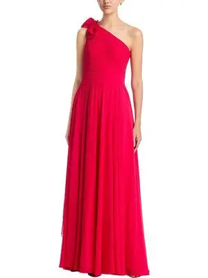 Rickie Freeman For Teri Jon Pleated Chiffon Gown With Floral Detail - Fuchsia