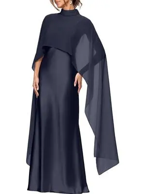 XSCAPE EVENINGS Satin Gown With Chiffon Overlay - Navy