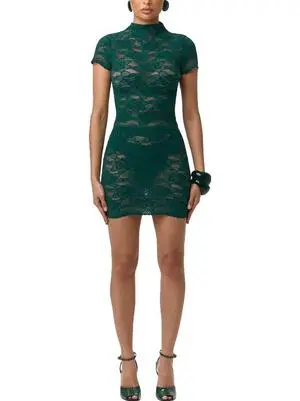 Naked Wardrobe Short Sleeve Lace Crop Top - Pine Green