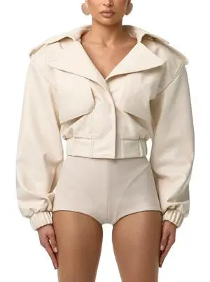 Naked Wardrobe Faux Leather Cropped Bomber Jacket - Bone