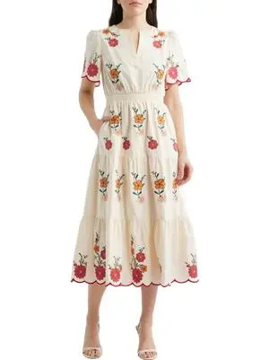 ZOE AND CLAIRE Embroidered Puff Sleeve Midi Dress - Red Multi