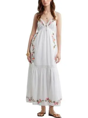 Treasure & Bond Floral Lace Trim Babydoll Maxi Dress - White Multi Emb Floral