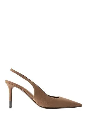 Brunello Cucinelli Suede Slingback Pumps With Monili Bead Embellishment - Brown