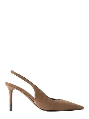 Brunello Cucinelli Brunello Cucinelli Suede Slingback Pumps With Monili Bead Embellishment Tan