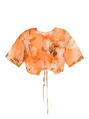 LEO LIN Indie Cropped Floral-print Silk-organza Top - Orange