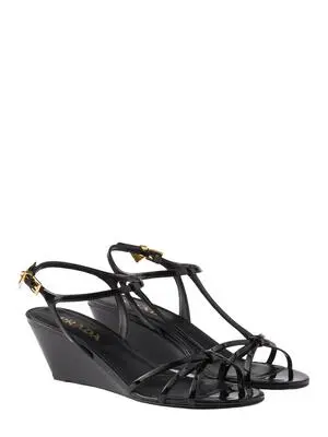 Prada Patent Leather Wedge Sandals - Black