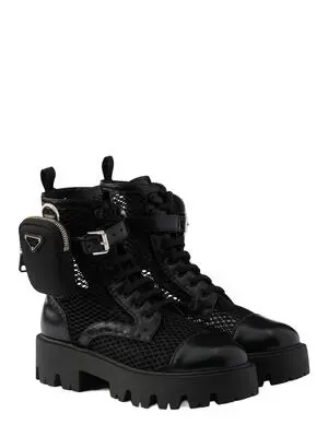 Prada Mesh And Leather Booties With Pouch - Black