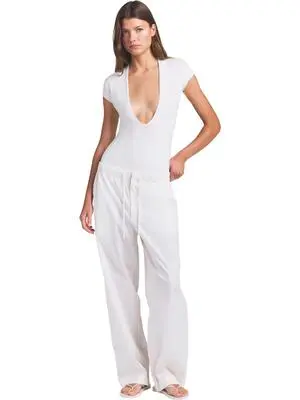 SKIMS Deep Plunge Bodysuit With Cap Sleeves In Cotton Jersey - Marble