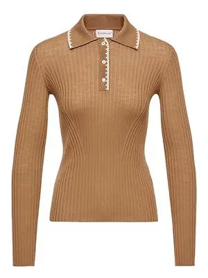 Moncler Ribbed Wool Polo Sweater With Contrast Trim - Light Beige