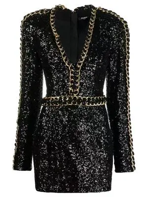 Balmain Chain-trim Sequin Dress - Black