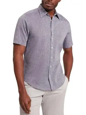 Ted Baker London Wryte Regular Fit Short Sleeve Slub Linen & Cotton Button-up Shirt - Navy