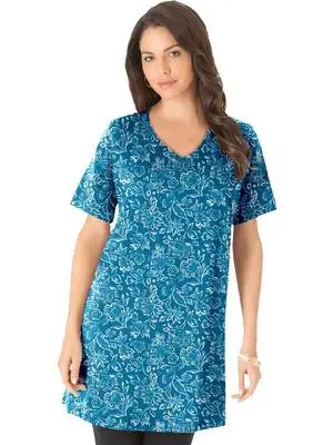 Roaman's Roaman's Ultimate Cotton V-Neck Short Sleeve Tunic Deep Teal Batik