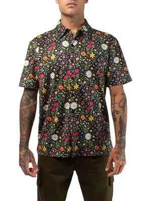 VAST Aqua Terra Scritti Politti Floral Tech Short Sleeve Performance Button-up Shirt - Black Multi
