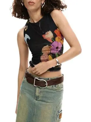 Desigual Twist Strap Stretch Tulle Top - Black