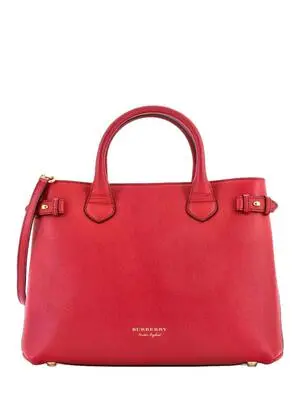 Burberry Banner Leather And House Check Canvas Medium Satchel - Red