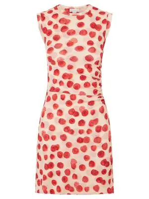 Stella McCartney Gathered Printed Mesh Mini Dress Red