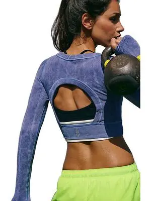 Free People Seamless Ribbed Cropped Long Sleeve Top With Cutout Back - Graphite