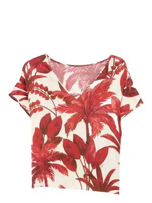 CLIPS Palm Tree Print V-neck Top - Red