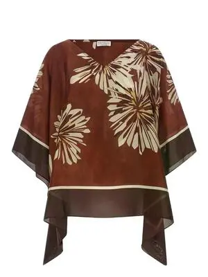 Brunello Cucinelli Floral-Print Silk Blouse Brown