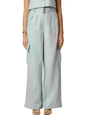 HEVRON Belted Pleated Wide Leg Pants - Blue