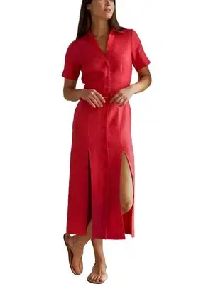 HEVRON Axel Belted Button-front Midi Dress - Red