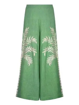 Carolina K Palm-tree Embroidered Palazzo Pants - Green