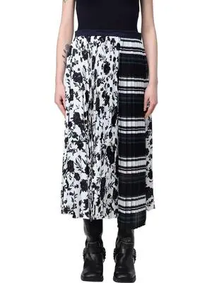 Sacai Pleated Midi Skirt With Floral And Stripe Print - White