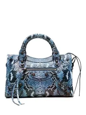 Balenciaga Snakeskin-effect Mini City Tote Bag - Blue