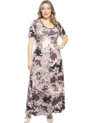 24SEVEN COMFORT APPAREL Curvy Essential Scoop Neck Elbow Sleeve A-Line Maxi Dress Brown Multi