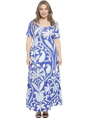 24SEVEN COMFORT APPAREL Curvy Essential Paisley A-line Maxi Dress - Blue Multi