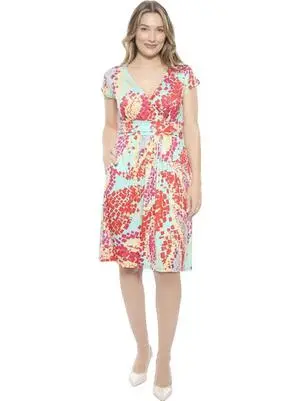 24SEVEN COMFORT APPAREL Essential V-neck A-line Knee Length Pocket Dress - Blue Multi