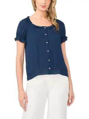CECE DUPRAZ Ruffle Puff Sleeve Top - Classic Navy