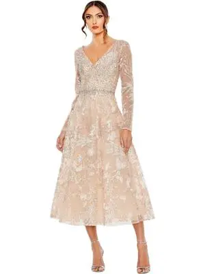 Mac Duggal Embroidered Long Sleeve Midi Dress - Blush