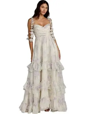 Mac Duggal Floral Chiffon Ruffle Gown With 3d Flower Straps - Ivory Multi