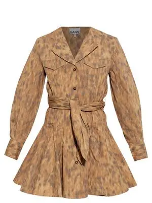 GANNI Belted Waist Dress - Brown