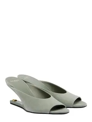 Balmain Suede Cutout Wedge Mules - Green