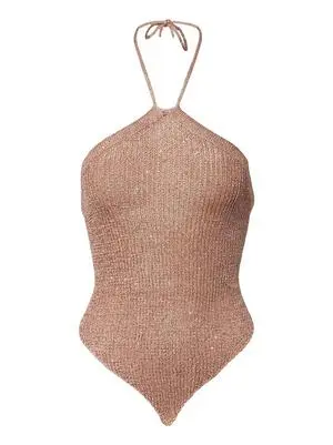 BANANHOT Liz Sequined Halterneck Top - Brown